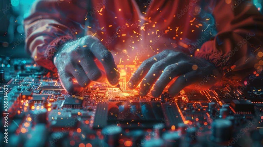 A technician troubleshooting a malfunctioning device with diagnostic ...