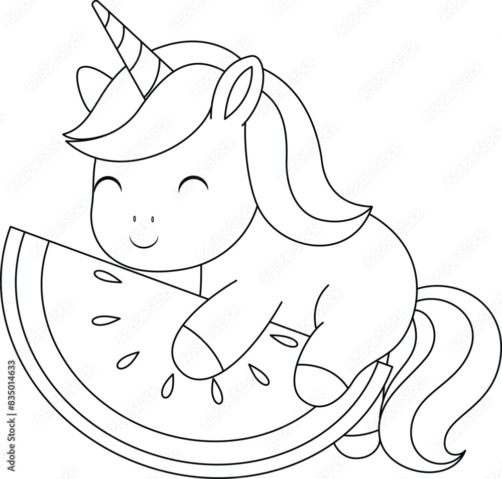 Cute kawaii unicorn and watermelon coloring page for kids. Animal ...