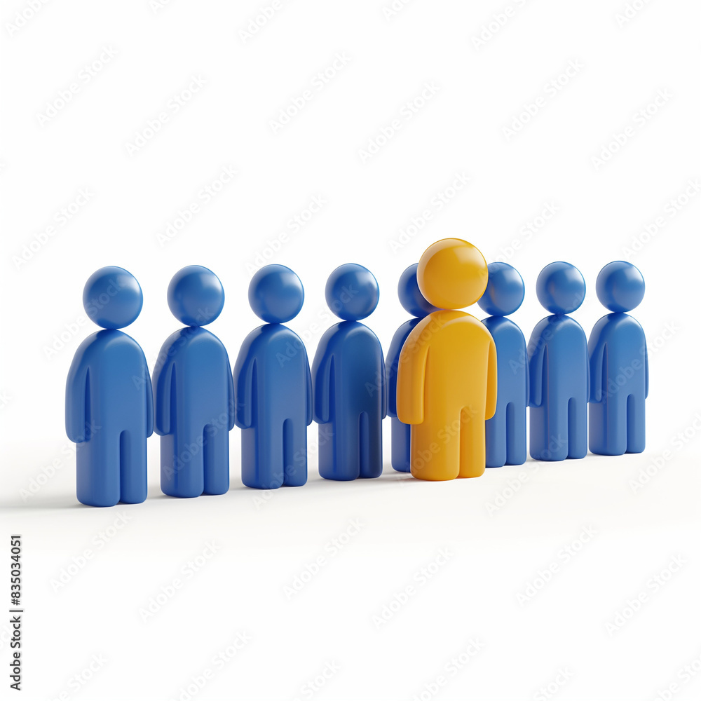 3D human figure leading the way, line of people following with one in ...