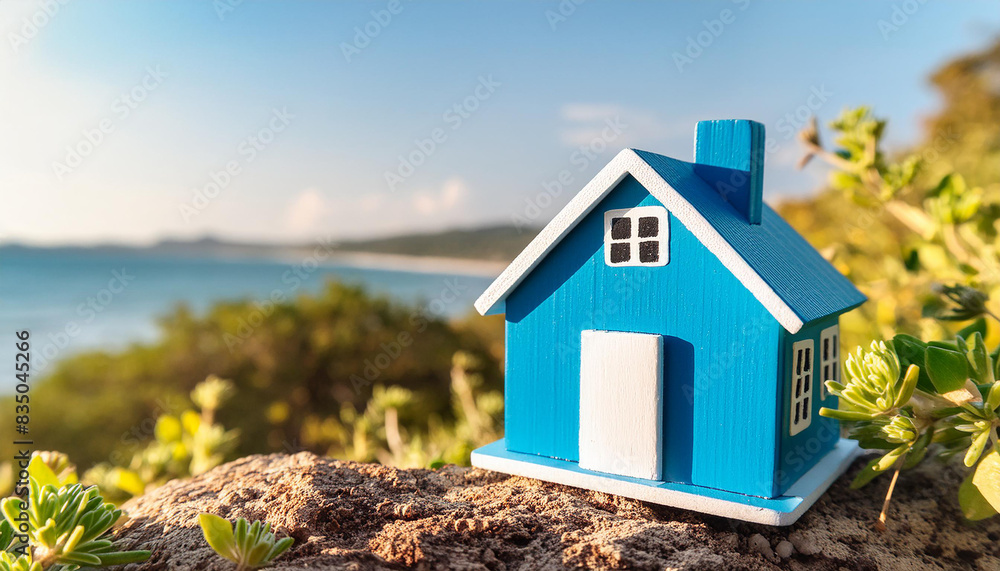 Miniature house model at the beach. Blue home with natural background ...