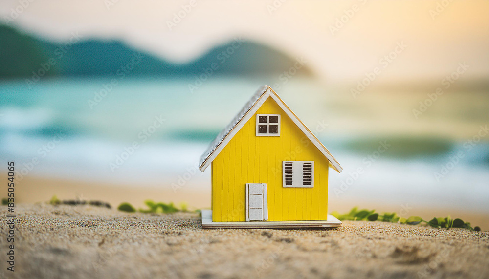 Miniature house model at the beach. Yellow home with natural background ...