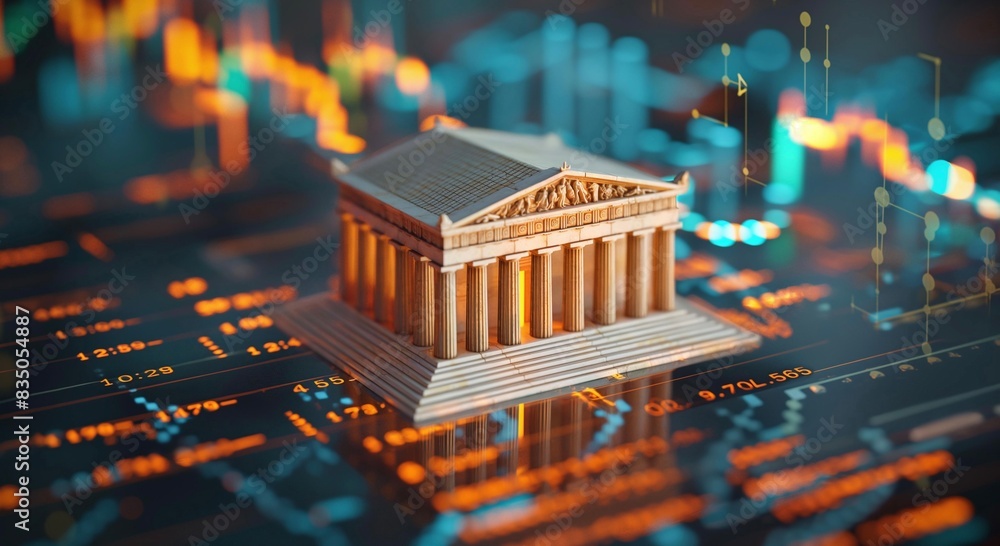 Miniature Bank Building on Financial Chart with Stock Market Analysis ...