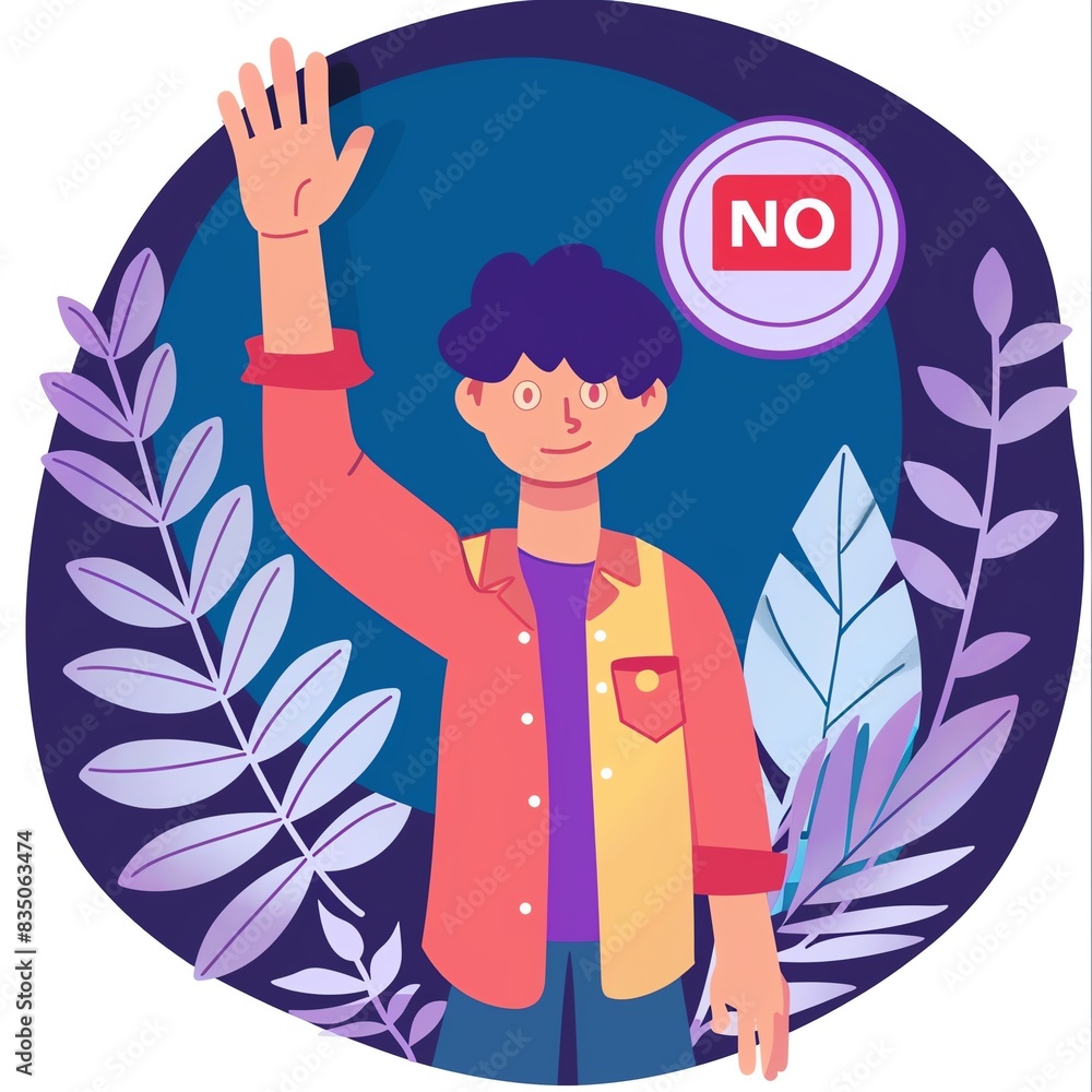 Young person raising hand saying no, surrounded by abstract plants ...
