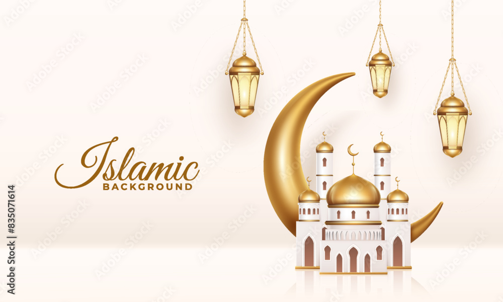 3D vector realistic islamic background with mosque, crescent moon and ...