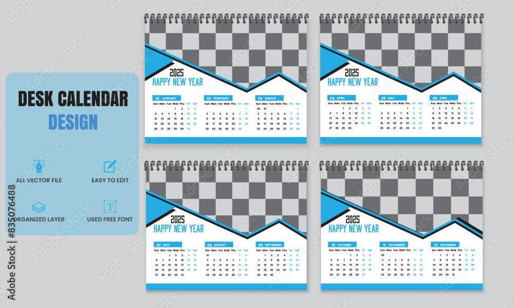 Modern 2025 desk calendar template featuring seasonal photos, organized ...