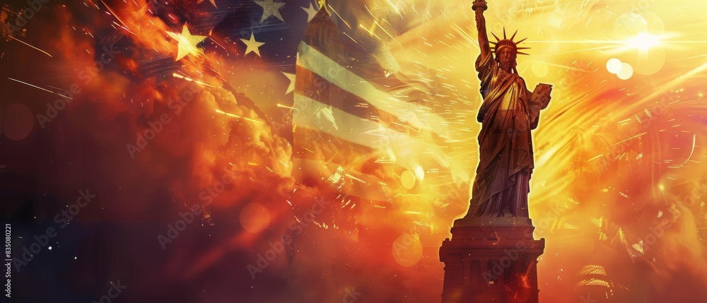 Dynamic image of the Statue of Liberty with an abstract American flag ...