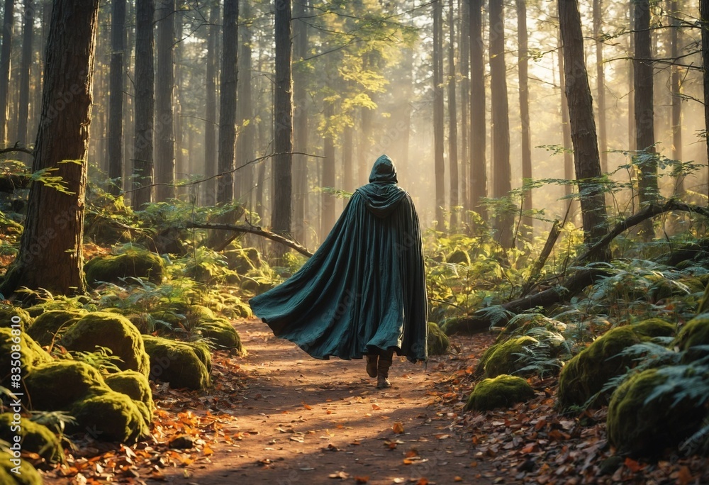 A warrior with a cloak of invisibility, navigating the enchanted forest ...