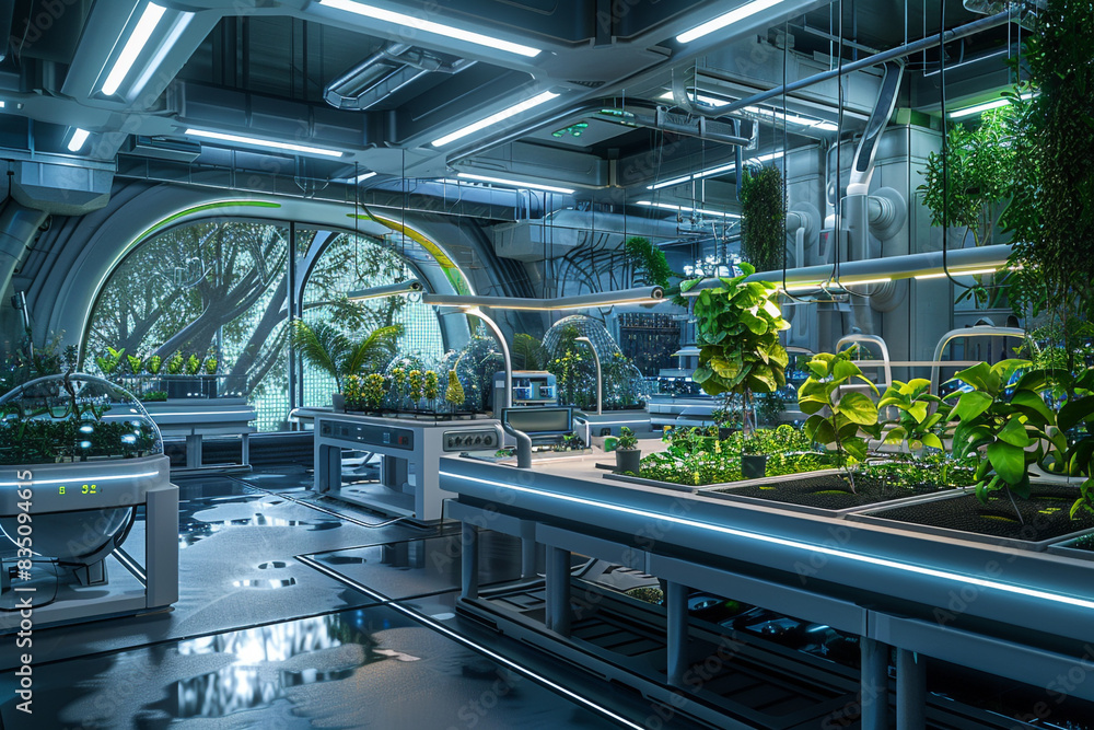 A futuristic botanical laboratory with bio-engineered plants, automated ...