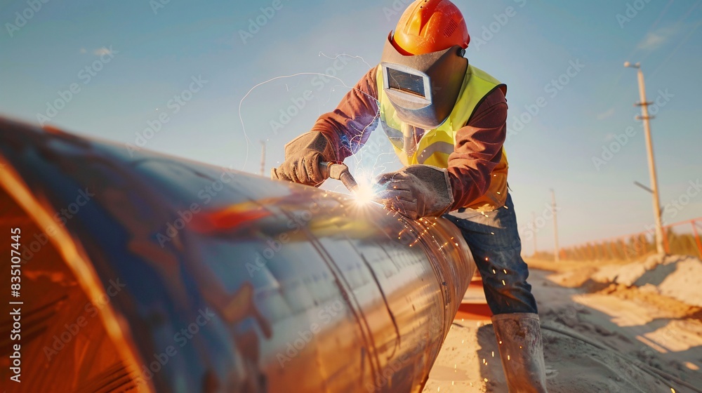 Welder in an outdoor construction site, wearing a high-visibility vest ...