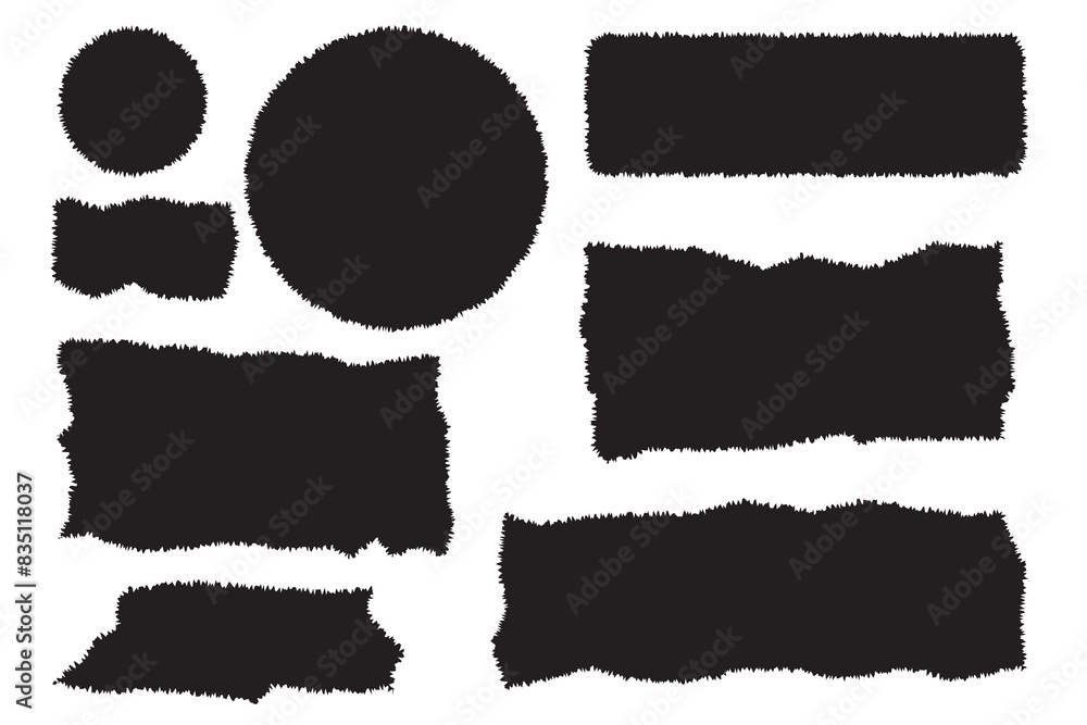 Torn paper frames with rough edges vector set. Black square shapes with ...