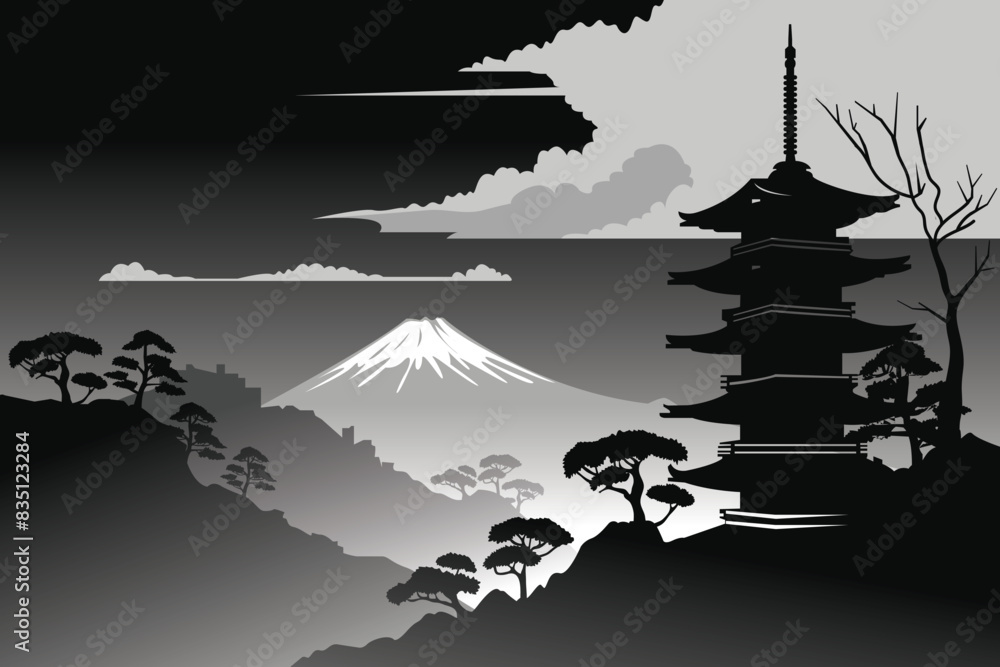 Silhouette iconic japan black and white.Japanese temple ,hill,and trees ...