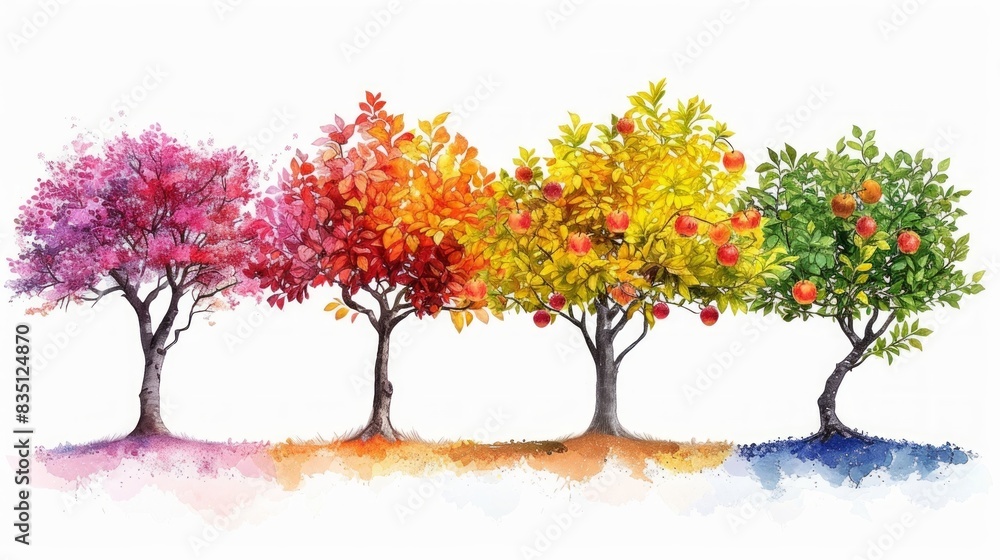 Painted trees - Four seasons. Different seasons: spring, summer, autumn ...