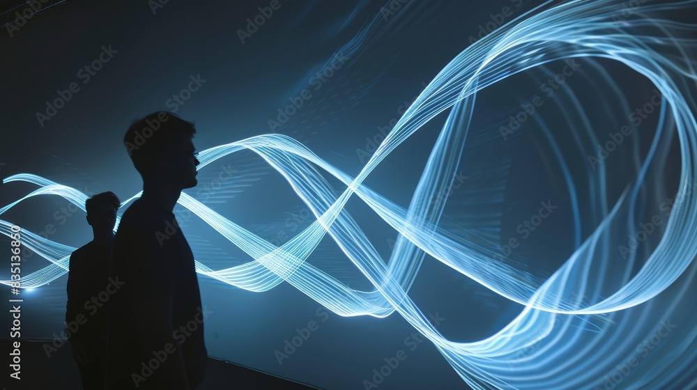 Two individuals observing a large-scale light installation. The ...