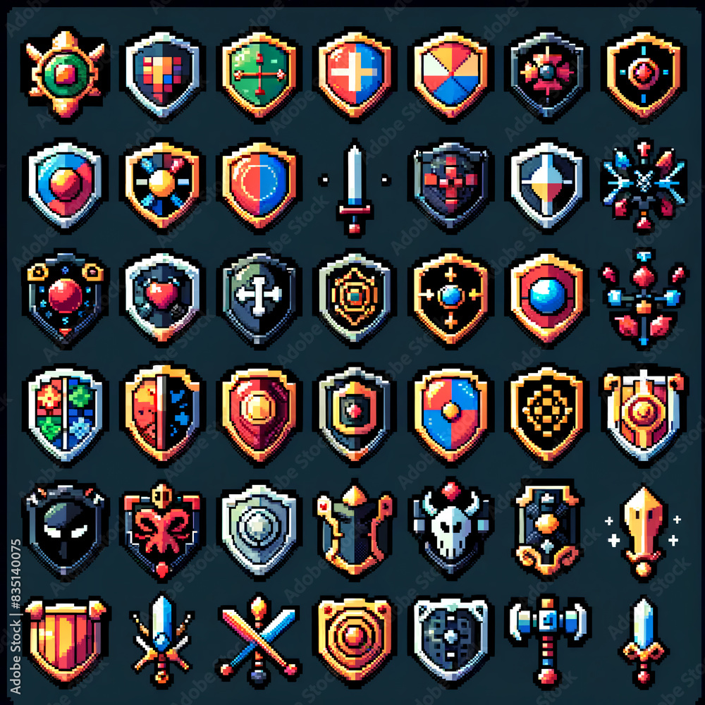 Pixel Art RPG Shield Icons Grid Stock Illustration | Adobe Stock