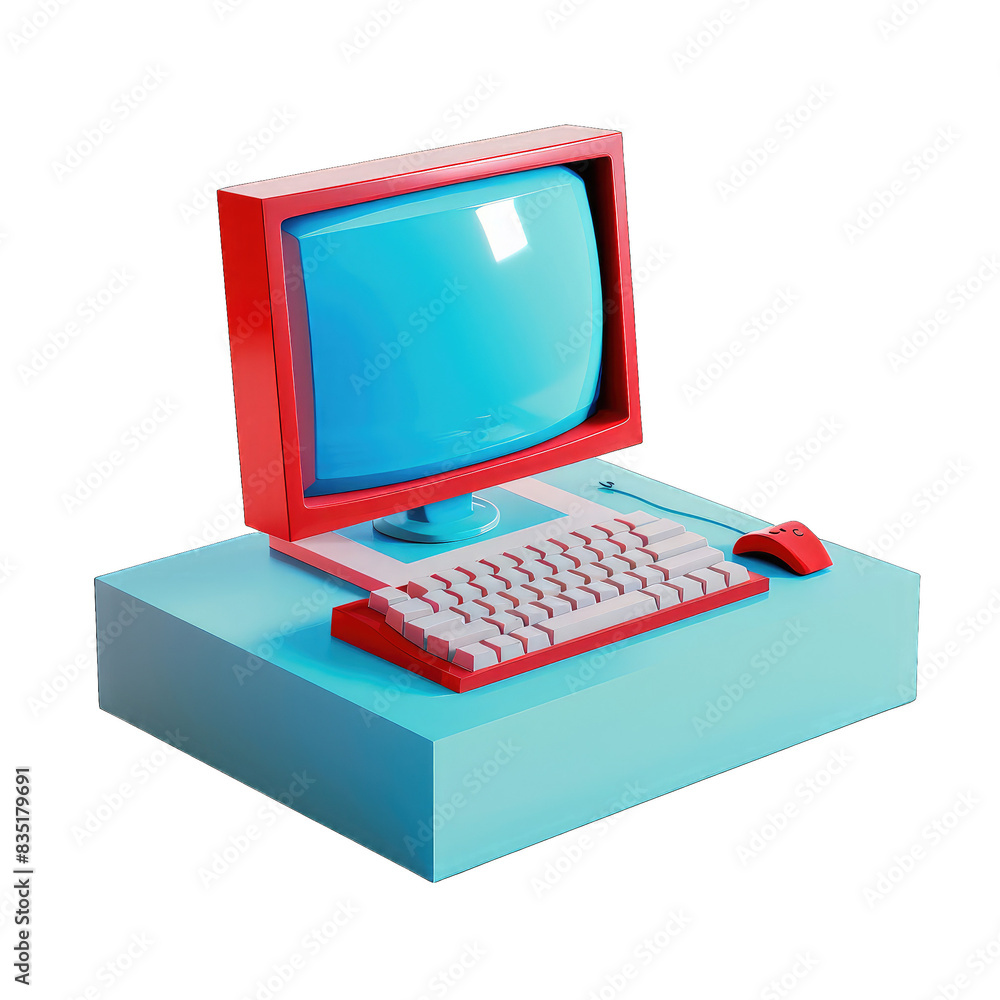 Retro red and blue computer setup with keyboard and mouse on a blue ...