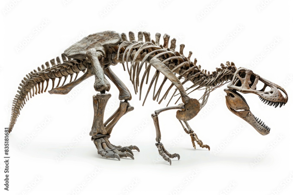 Dinosaur skeleton model displayed on white background. Side view of ...
