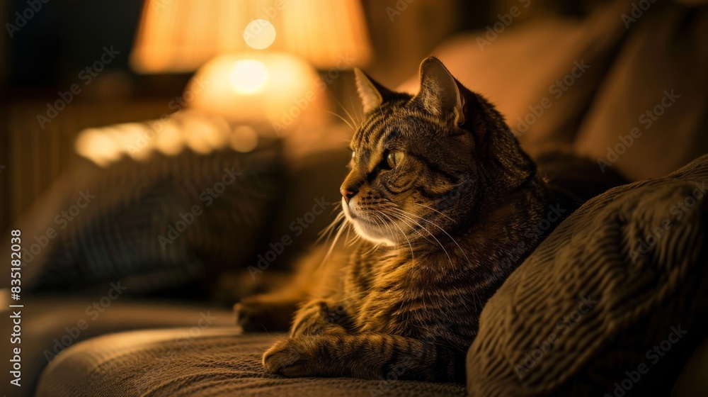 Cat sitting on a couch, intently watching a TV screen, with the glow of ...