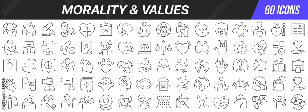 Morality and values line icons collection. Big UI icon set in a flat ...