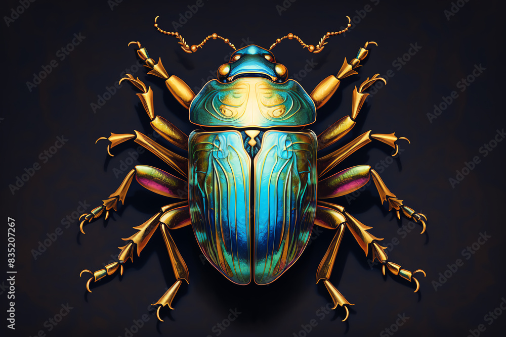 Craft an oil painting featuring a majestic scarab beetle from a low ...