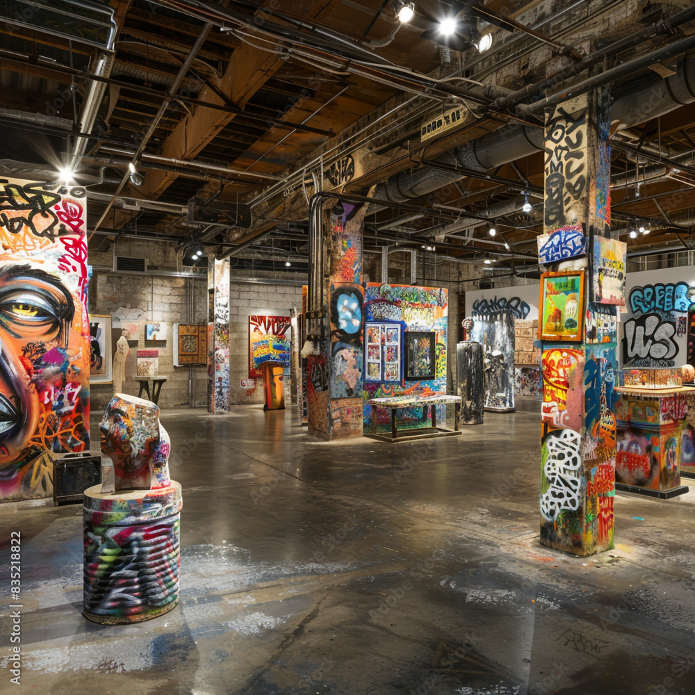 An urban gallery with bold graffiti art and recycled material ...