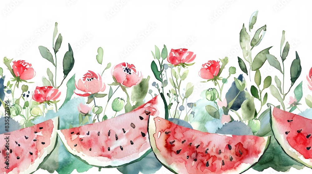 Watermelon, Watercolor Floral Border, watercolor illustration, isolated ...