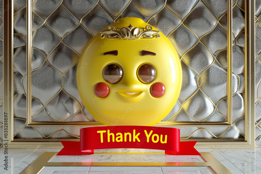 Draft an image featuring a 3D luxury yellow emoji with a red ribbon ...