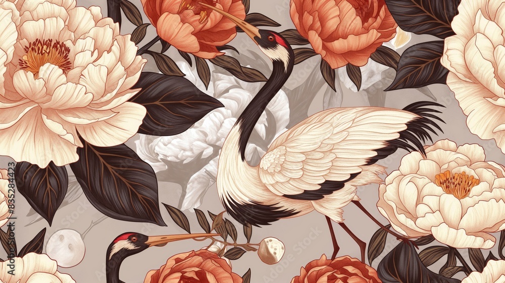 Elegant illustration featuring cranes amongst large blooming flowers ...