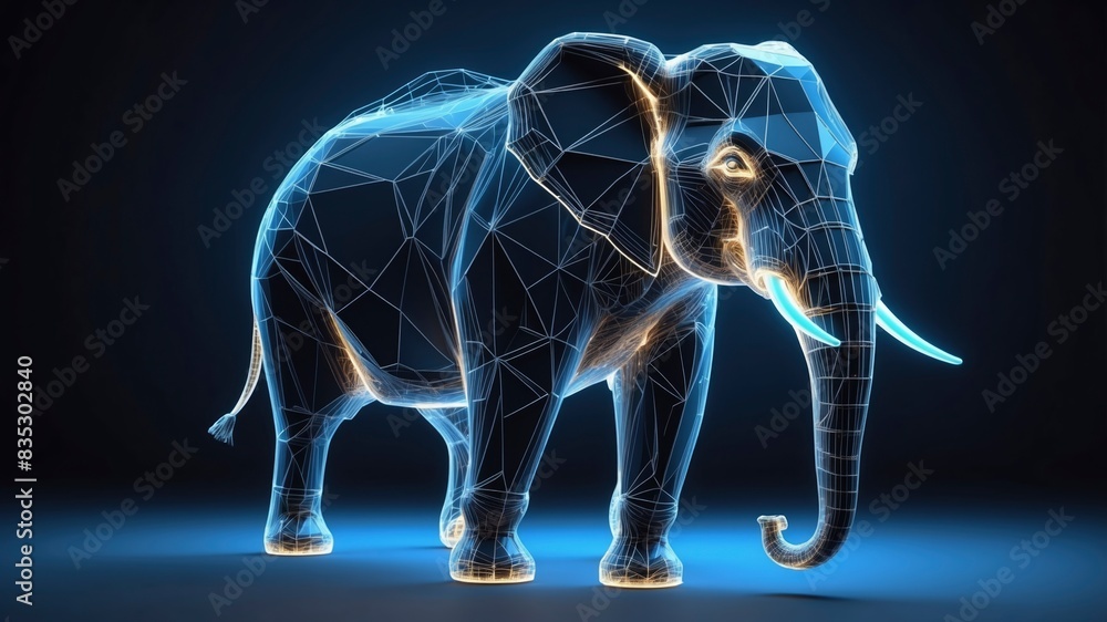 High-tech digital illustration of an elephant in wireframe polygon form ...