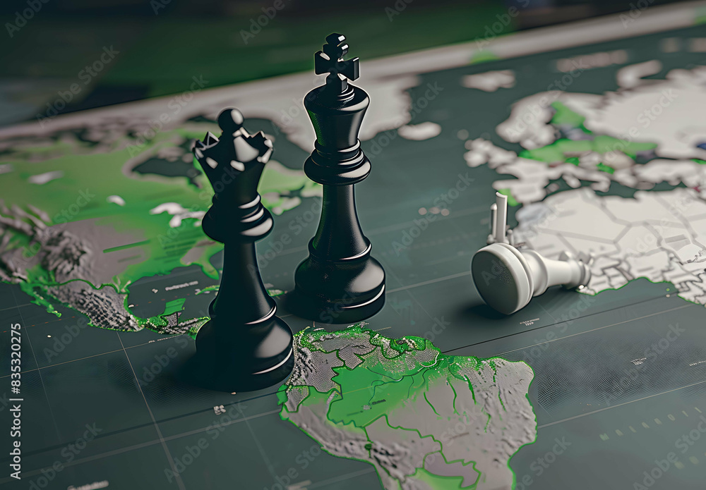 Geopolitics concept image with two chess pieces on a world map ...