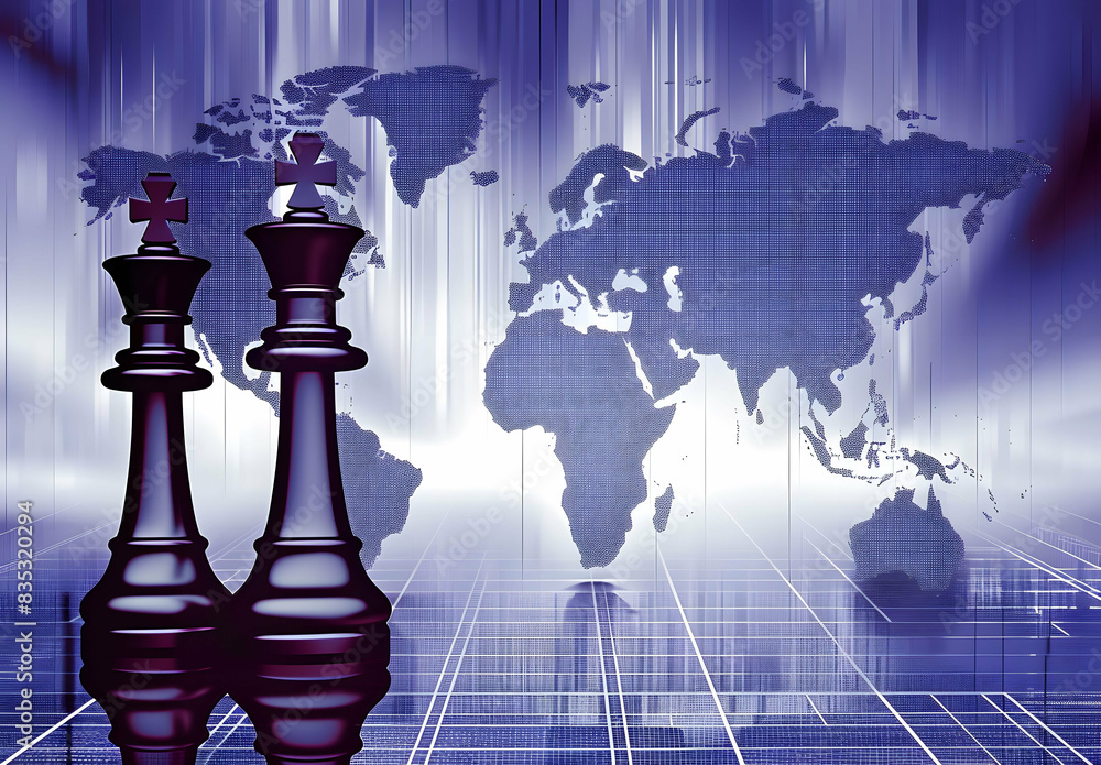 Geopolitics concept image with two chess pieces on a world map ...