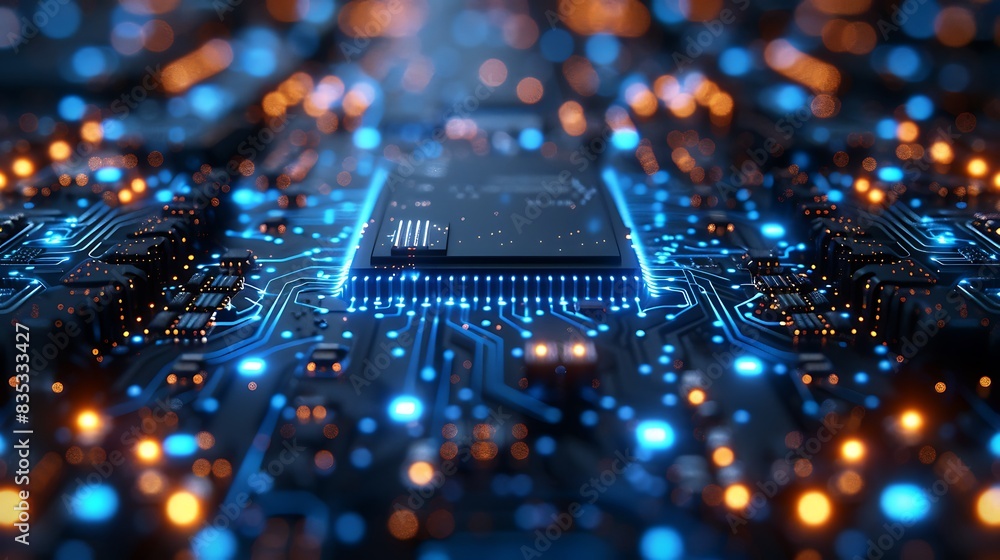 A digital collage combining elements of real silicon chips with ...