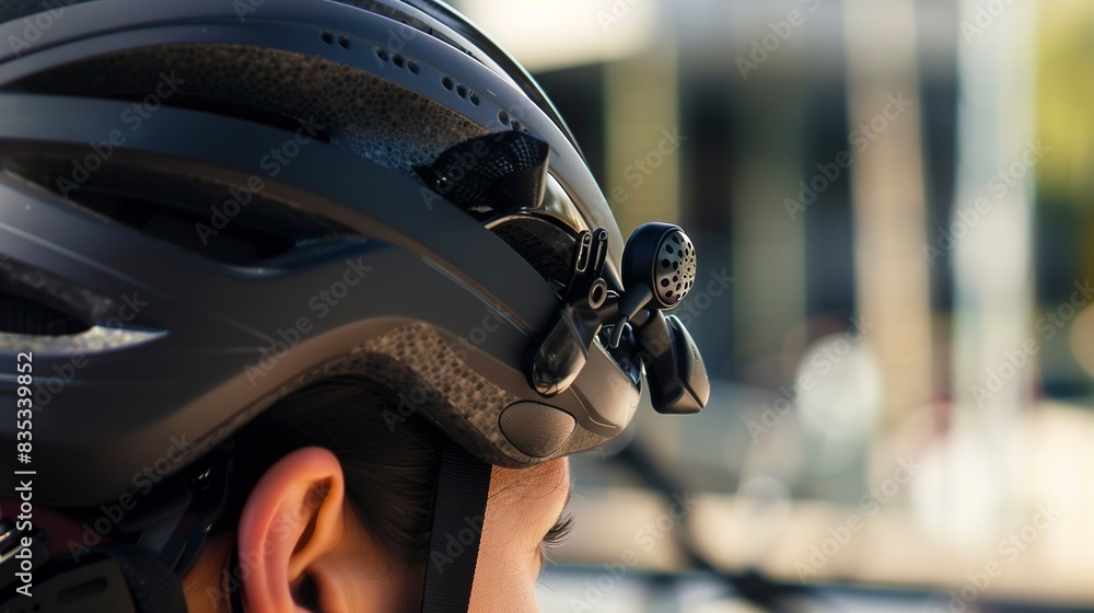 Cyclist's helmet with integrated communication devices, close view of ...