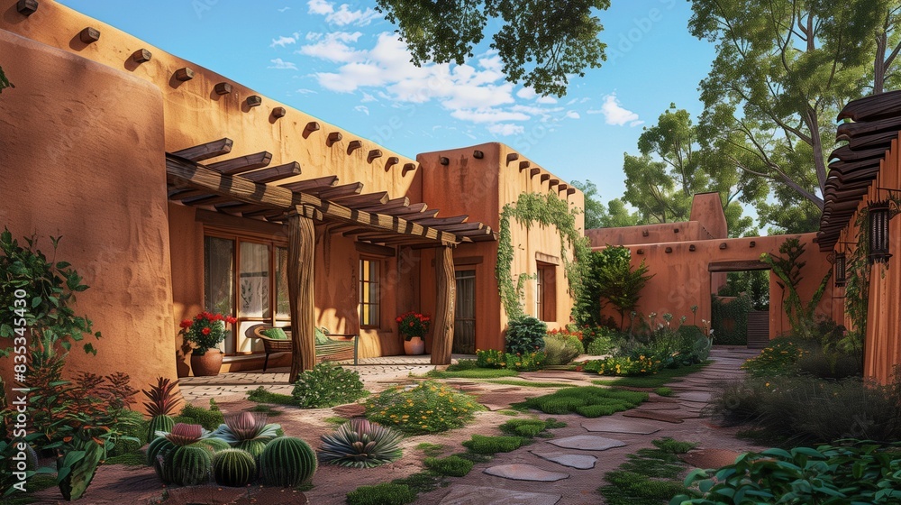 Rustic Southwest adobe house with thick earthen walls, wooden vigas ...