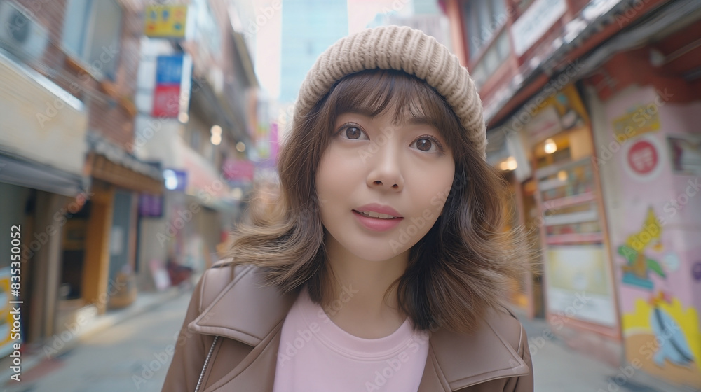 Thai young female Vlogger talking to the viewer. The background ...