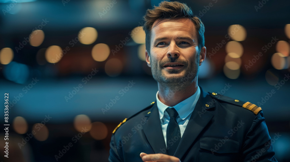 Confident airline pilot in uniform holding a microphone, with bokeh ...