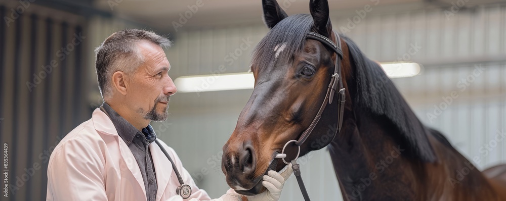 Veterinarian checking the health of a horse in a stable, ensuring the ...