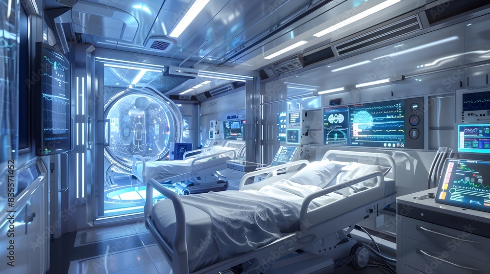 Visualize a futuristic ICU with telemedicine capabilities, allowing ...