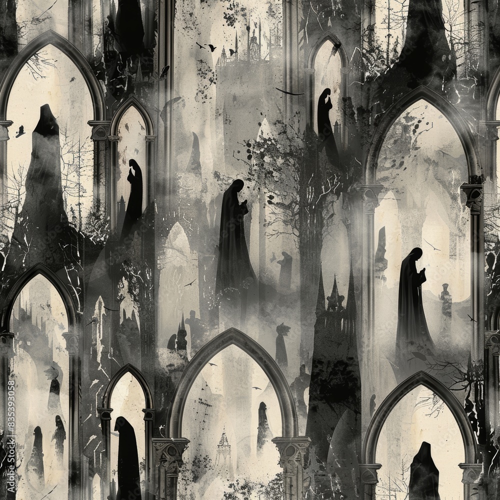 Gothic Arches Seamless Pattern with Shadowy Figures and Nightmarish ...