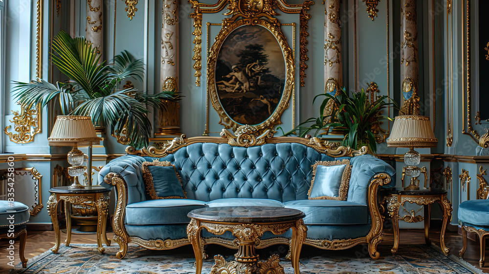 Classic living room in Rococo style with turquoise and gold color ...