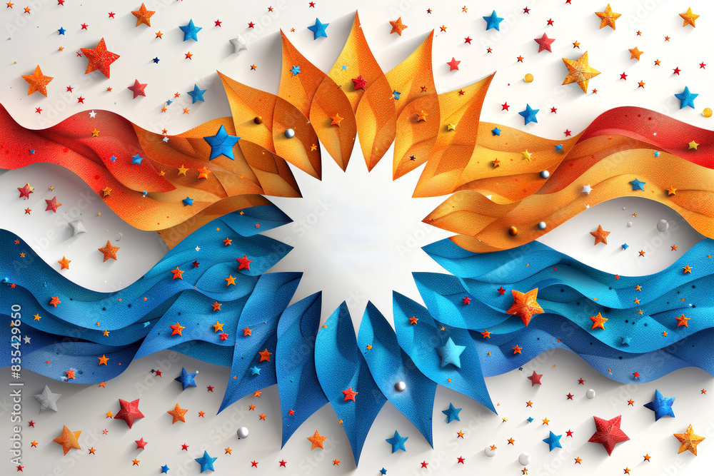 Bright paper stars and waves in blue, orange, and red forming a ...