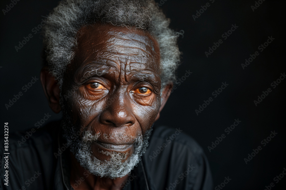 Portrait of an elderly black man against blank black background with ...