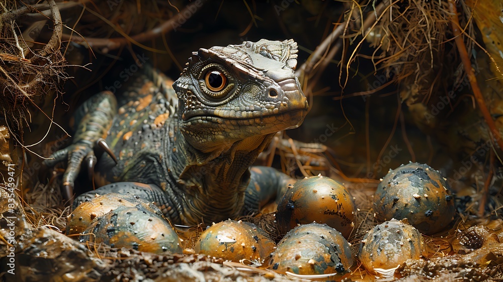 hyperrealistic fossil of a Maiasaura with its nest of eggs and parent ...