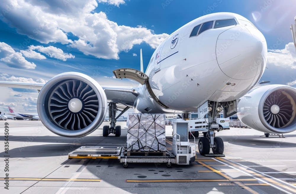 Photo of an airplane with cargo being loaded onto the plane Stock Photo ...