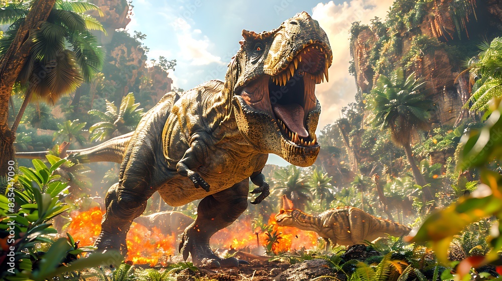 male Tyrannosaurus rex roaring fiercely in a prehistoric jungle with ...