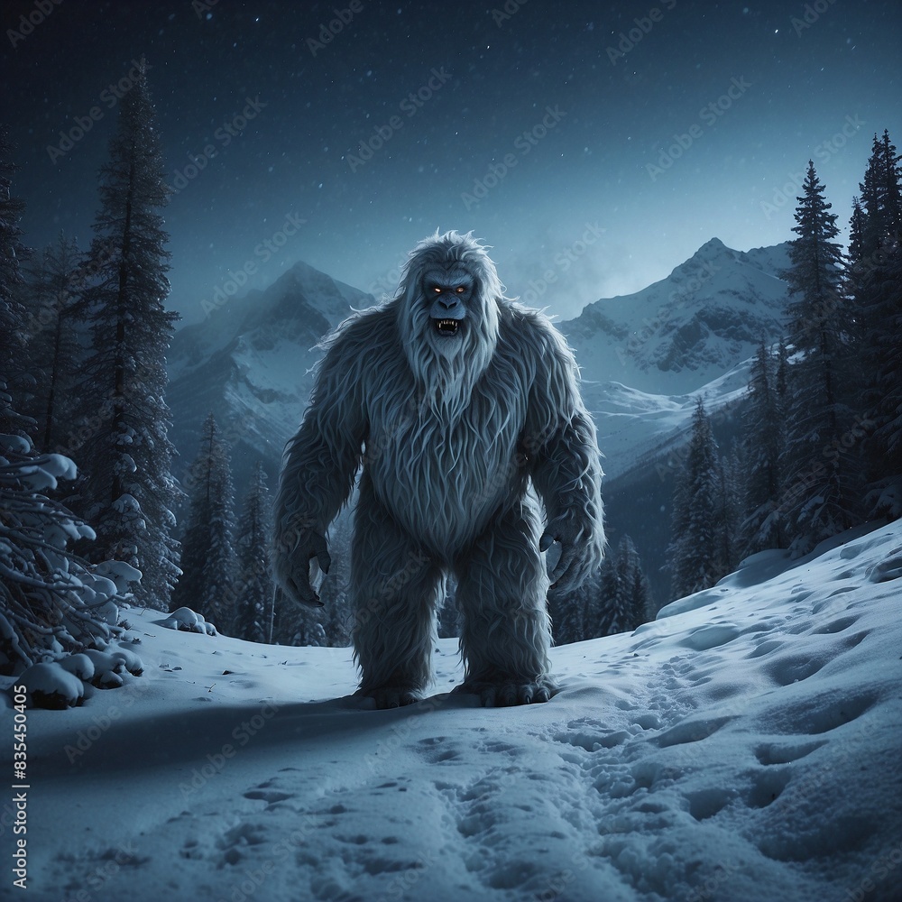 Threatening image of a mythical snow yeti creature huge in size walking ...