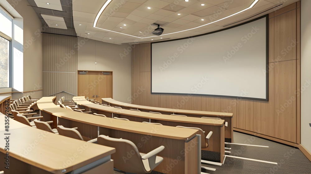 Beige and gray lecture hall corner with projection screen Stock Photo ...