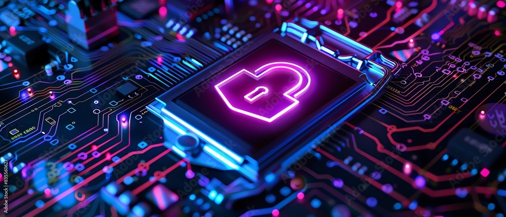 Cybersecurity visuals with computer motherboard and lock, highlighting ...