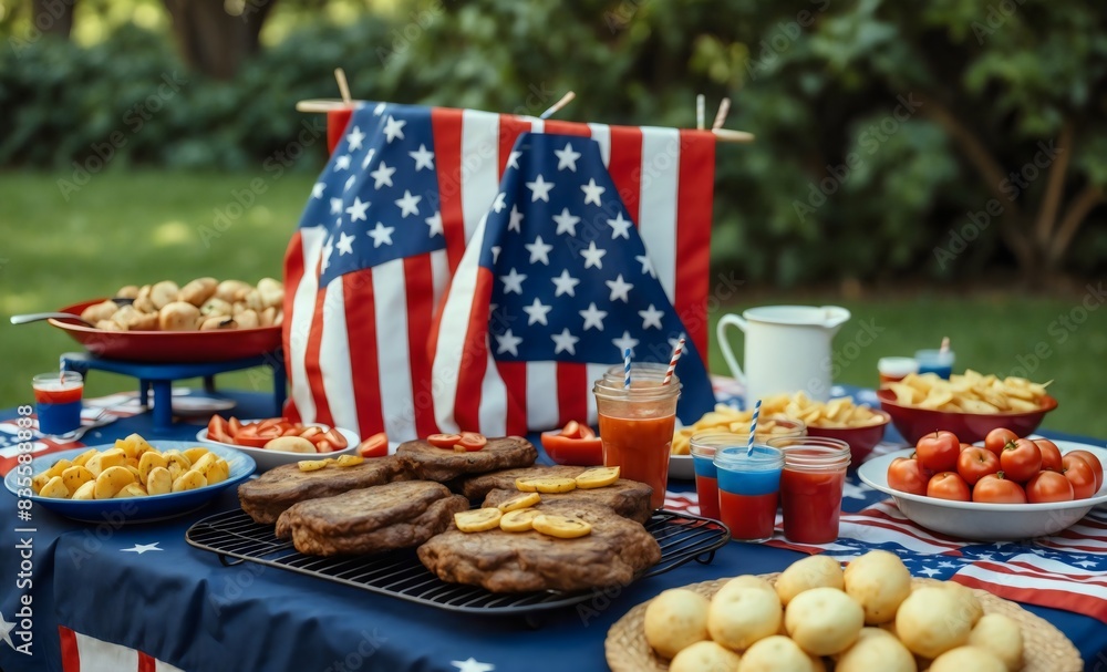 Patriotic spread with grilled meat and potatoes, tomatoes, mushrooms ...