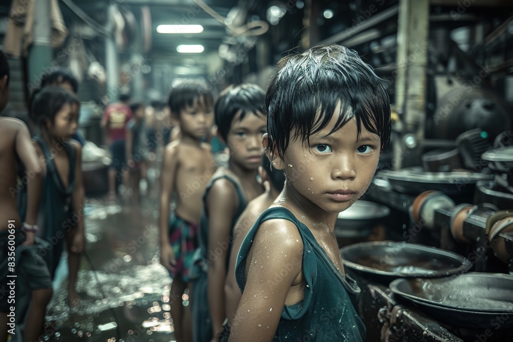 Group portrait of young asian children forced into labor, working in a ...
