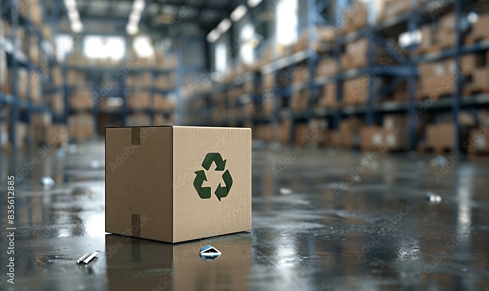 Highlighting eco-friendly packaging in a high-tech warehouse with a cardboard box displaying a ...